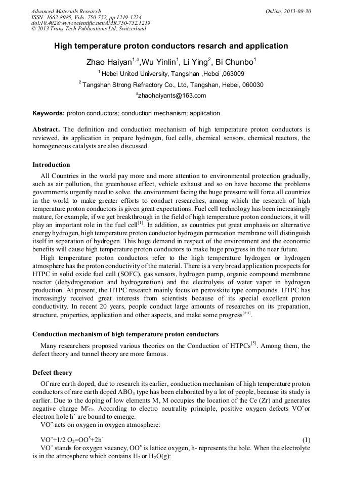 High Temperature Proton Conductors Resarch and Application | Scientific.Net