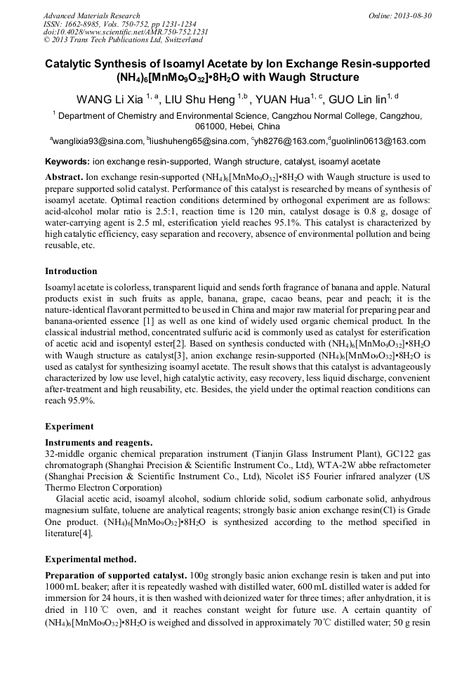 Catalytic Synthesis of Isoamyl Acetate by Ion Exchange Resin-Supported ...