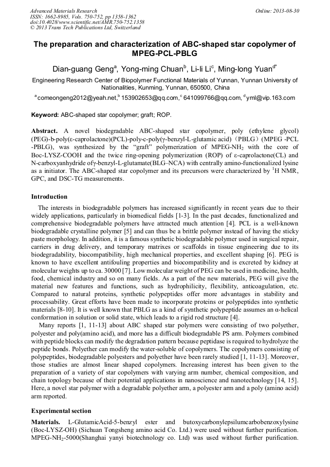 The Preparation and Characterization of ABC-Shaped Star Copolymer of ...