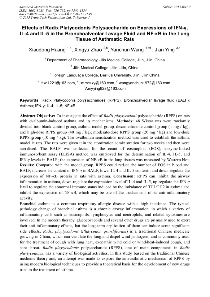 Effects of Radix Platycodonis Polysaccharide on Expressions of IFN-γ ...