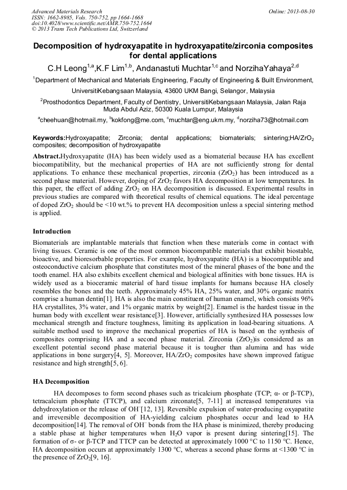 Decomposition of Hydroxyapatite in Hydroxyapatite/Zirconia Composites ...