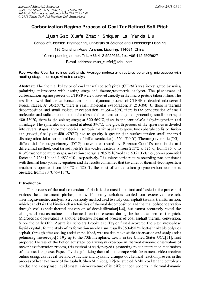 Carbonization Regime Process of Coal Tar Refined Soft Pitch ...