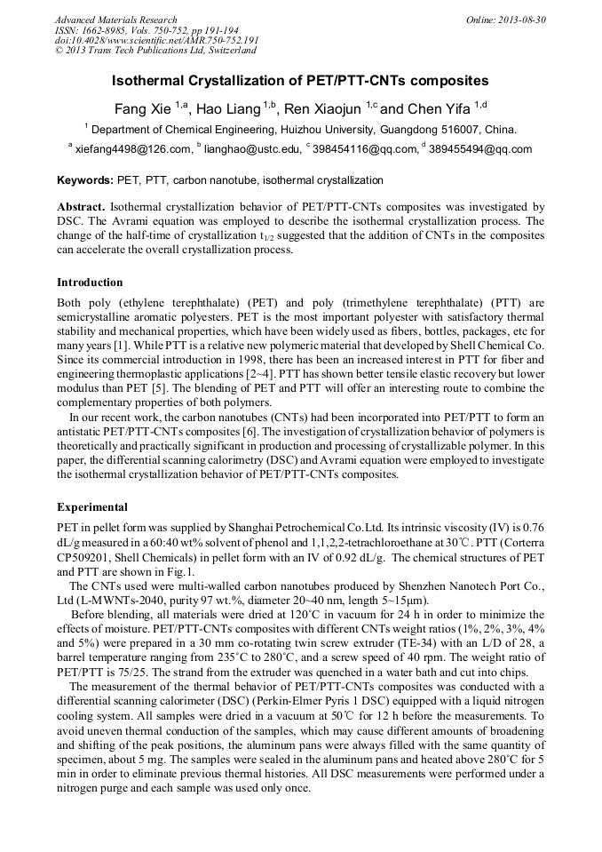 Isothermal Crystallization of PET/PTT-CNTs Composites | Scientific.Net