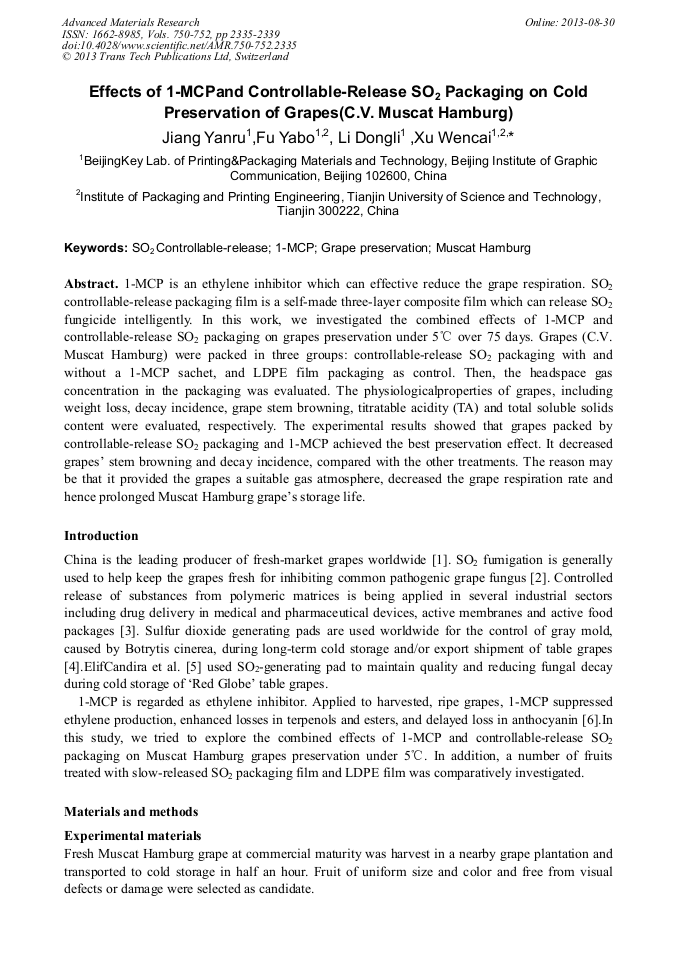 Effects of 1-MCP and Controllable-Release SO2 Packaging on Cold ...