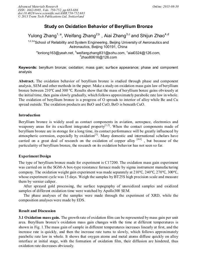 Study on Oxidation Behavior of Beryllium Bronze | Scientific.Net