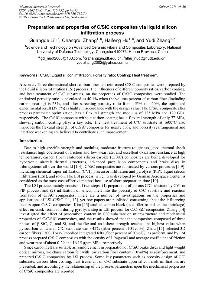 Preparation and Properties of C/SiC Composites via Liquid Silicon ...