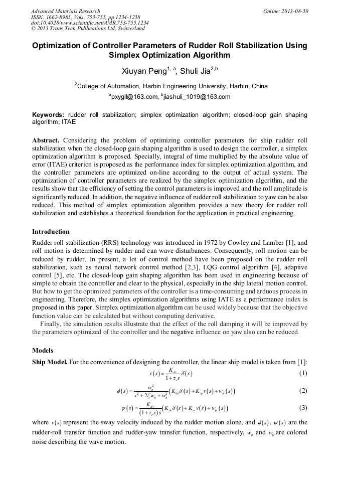 Optimization of Controller Parameters of Rudder Roll Stabilization ...