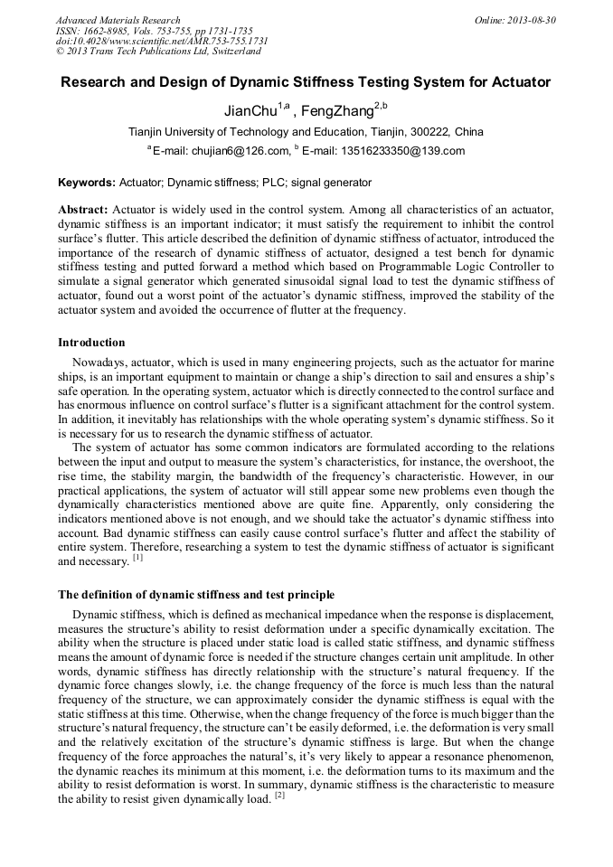 Research and Design of Dynamic Stiffness Testing System for Actuator ...