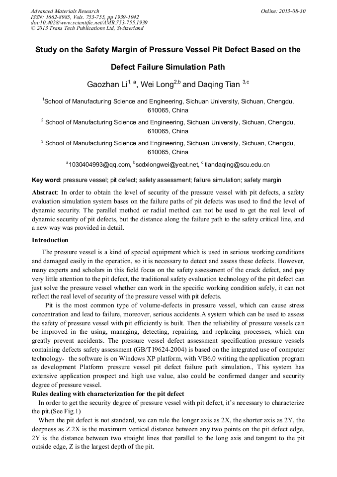Study on the Safety Margin of Pressure Vessel Pit Defect Based on the ...