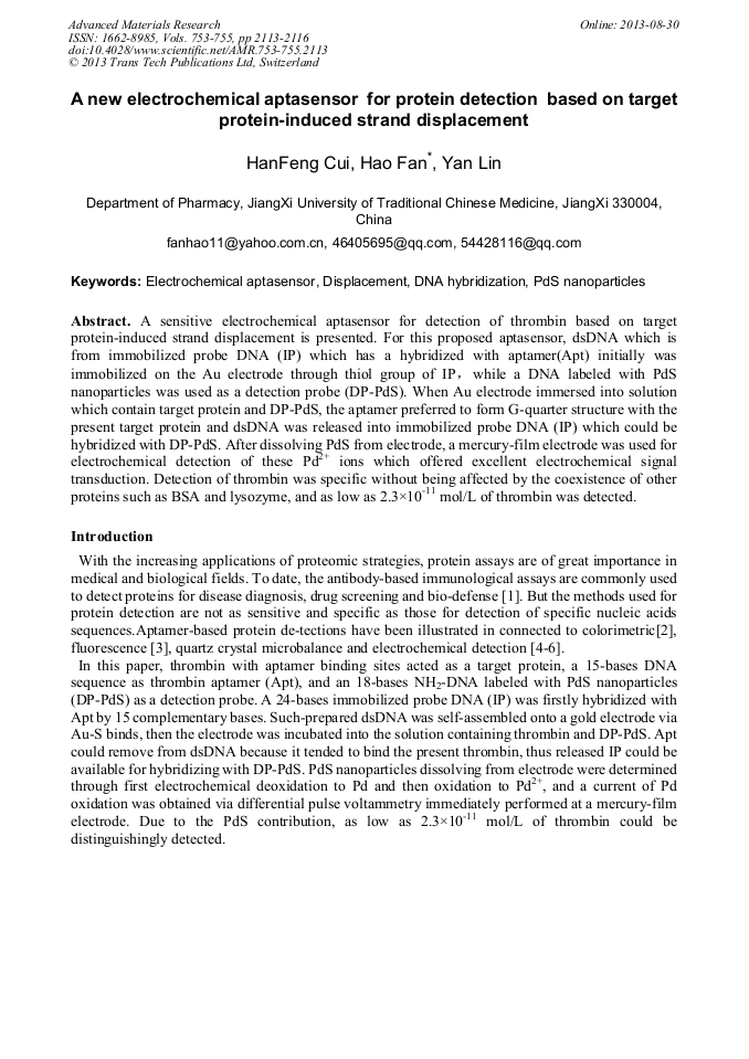 A New Electrochemical Aptasensor for Protein Detection Based on Target ...