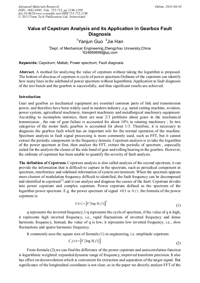Value of Cepstrum Analysis and its Application in Gearbox Fault ...