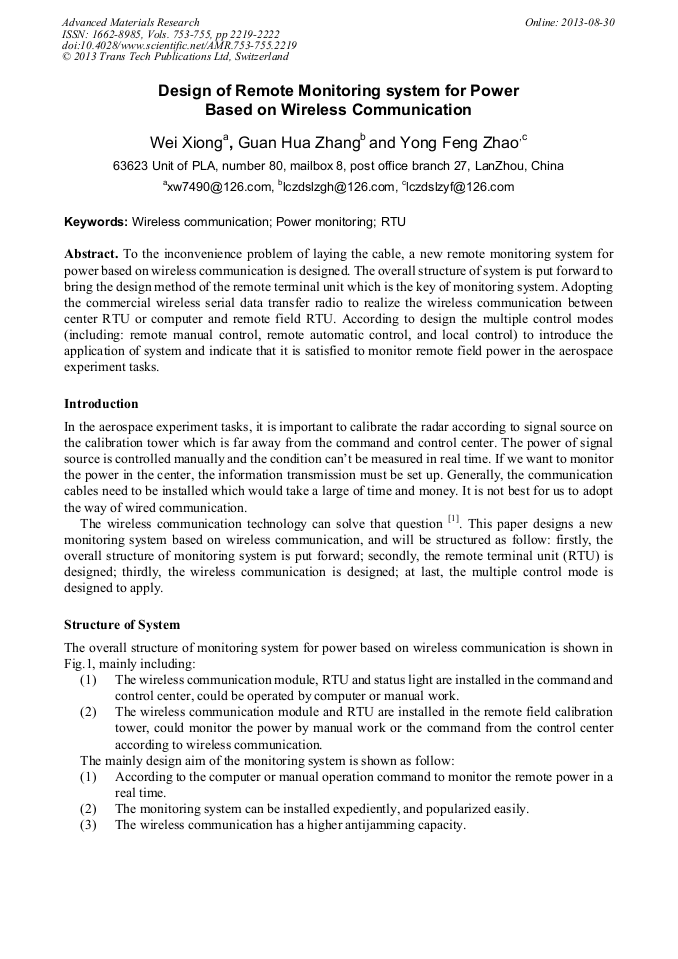 Design of Remote Monitoring System for Power Based on Wireless ...
