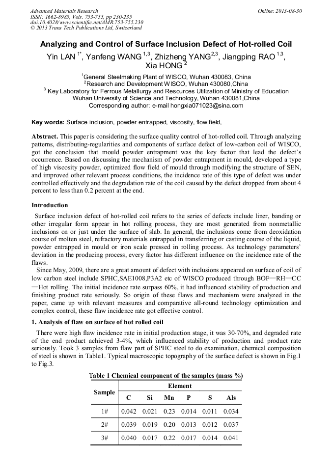 Analyzing and Control of Surface Inclusion Defect of Hot-Rolled Coil ...