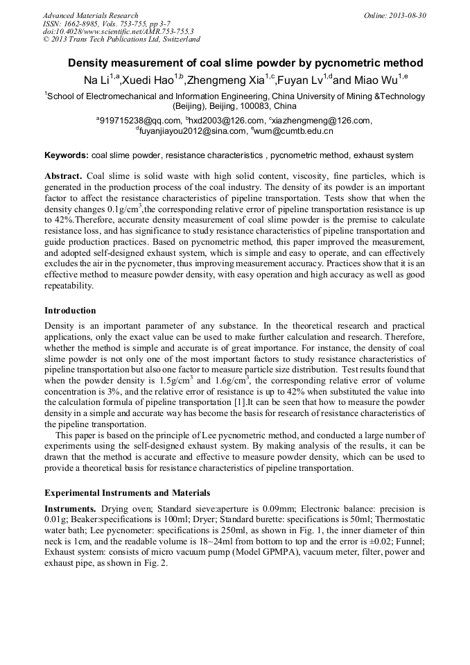 Density Measurement of Coal Slime Powder by Pycnometric Method ...