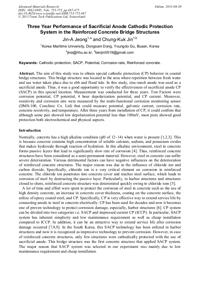 Three Year Performance of Sacrificial Anode Cathodic Protection System ...