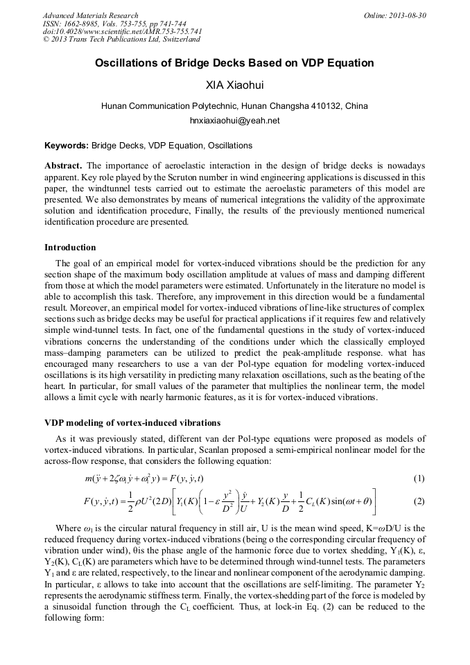 Oscillations of Bridge Decks Based on VDP Equation | Scientific.Net