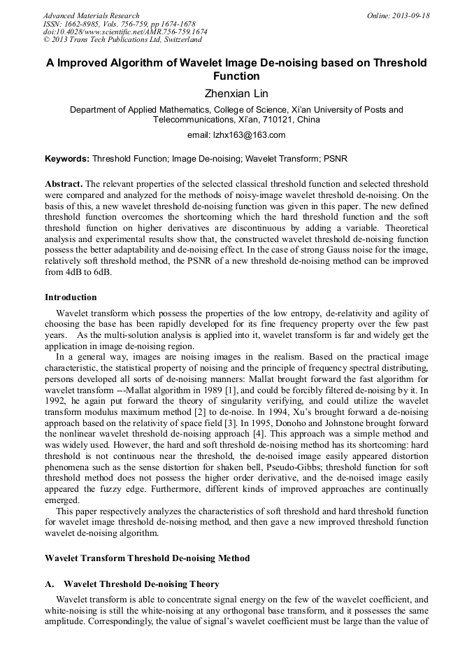 A Improved Algorithm of Wavelet Image De-Noising Based on Threshold Function | Scientific.Net