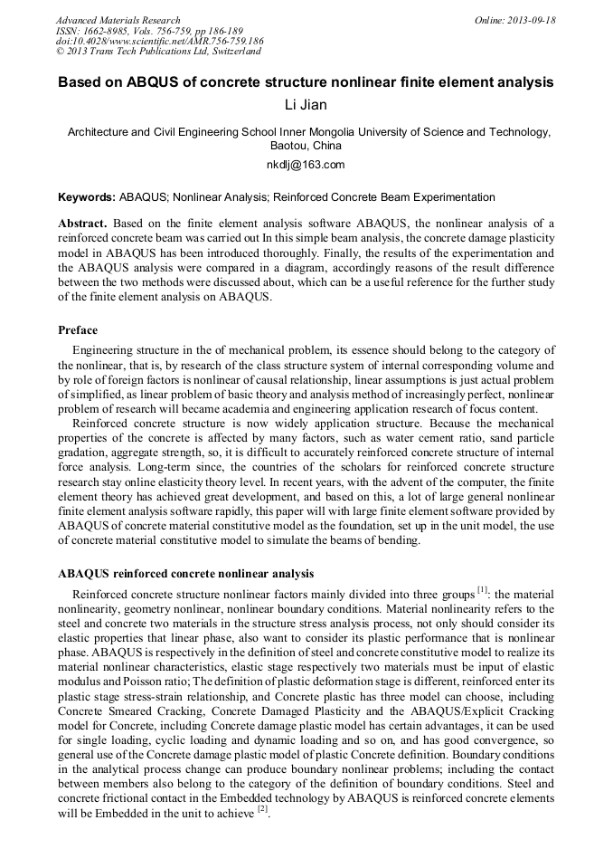 Based on ABQUS of Concrete Structure Nonlinear Finite Element Analysis ...