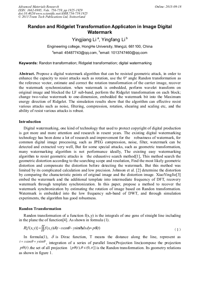 Randon and Ridgelet Transformation Applicaton in Image Digital ...