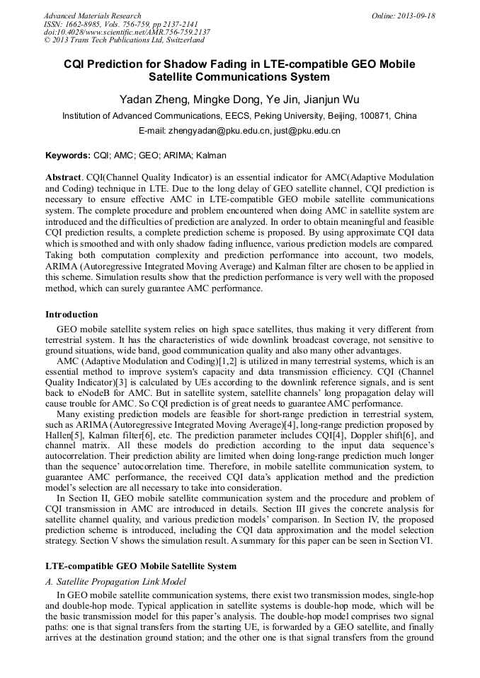 CQI Prediction for Shadow Fading in LTE-Compatible GEO Mobile Satellite ...