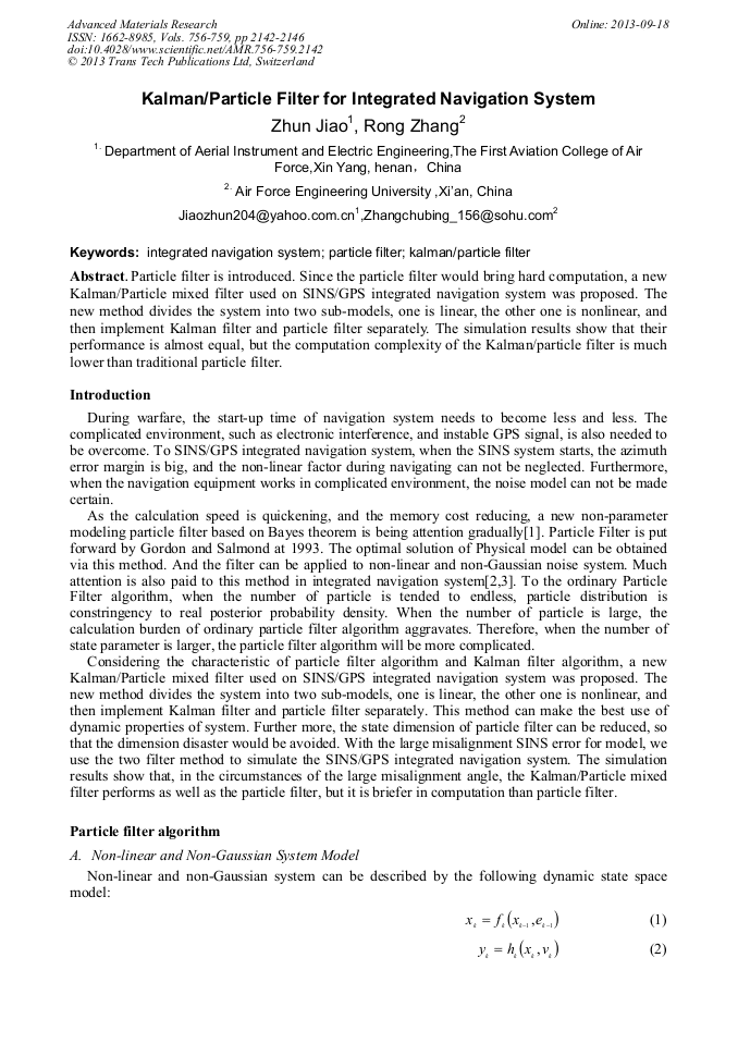 Kalman/Particle Filter for Integrated Navigation System | Scientific.Net