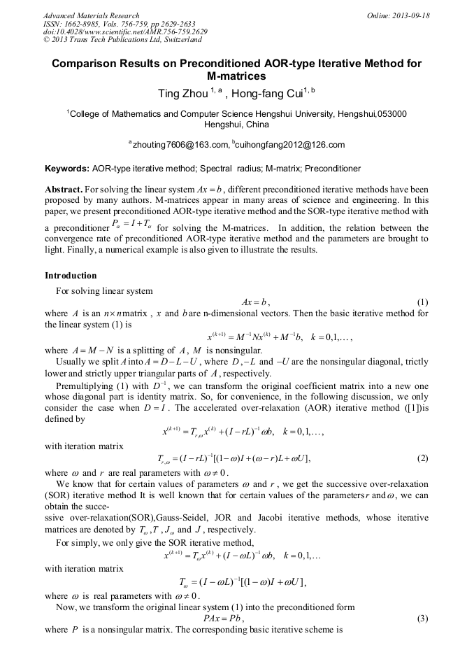 Comparison Results on Preconditioned AOR-Type Iterative Method for M-Matrices | Scientific.Net