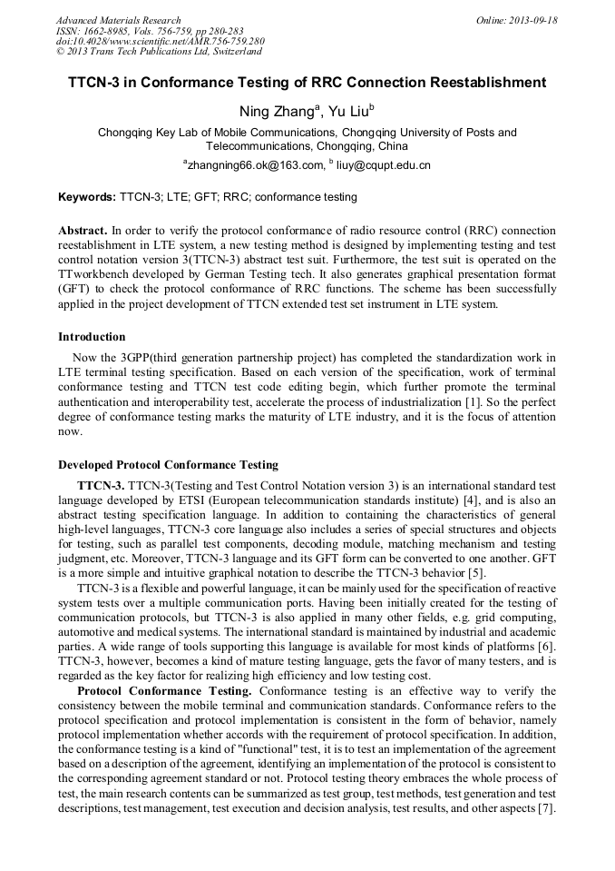 TTCN-3 in Conformance Testing of RRC Connection Reestablishment ...