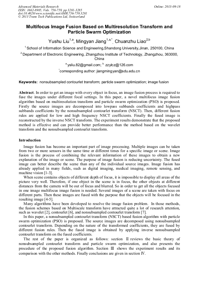Multifocus Image Fusion Based on Multiresolution Transform and Particle Swarm Optimization ...