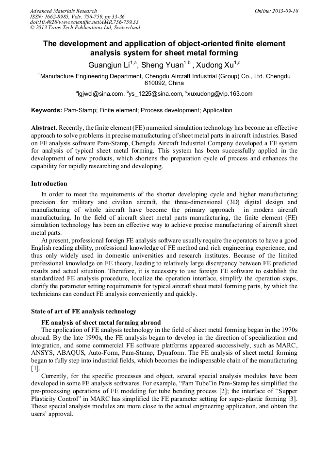The Development and Application of Object-Oriented Finite Element Analysis System for Sheet ...