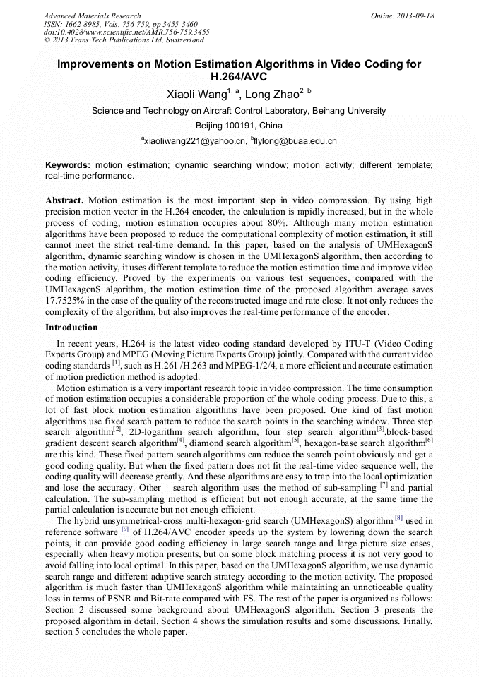 Improvements on Motion Estimation Algorithms in Video Coding for H.264/AVC | Scientific.Net