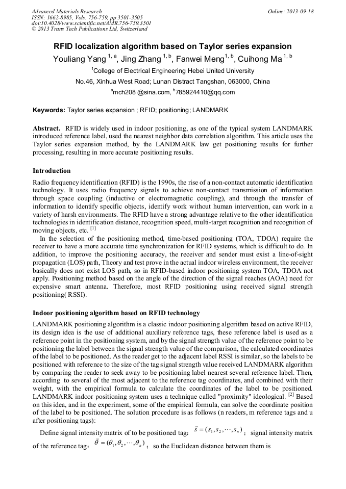 RFID Localization Algorithm Based on Taylor Series Expansion | Scientific.Net
