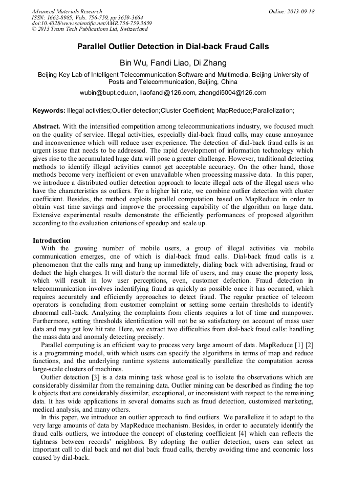 Parallel Outlier Detection in Dial-Back Fraud Calls | Scientific.Net