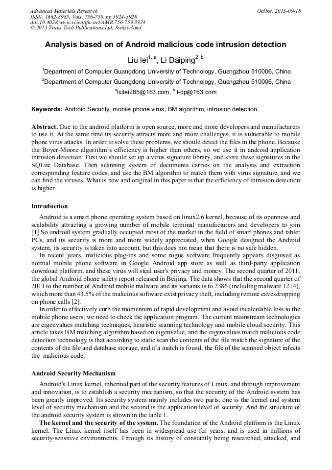 Analysis Based on of Android Malicious Code Intrusion Detection | Scientific.Net