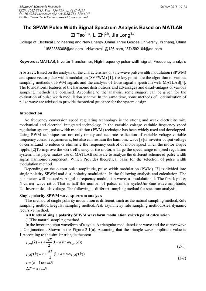 The SPWM Pulse Width Signal Spectrum Analysis Based on MATLAB | Scientific.Net