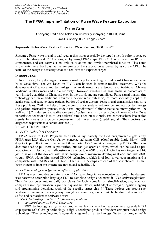The Fpga Implementation Of Pulse Wave Feature Extraction Scientificnet