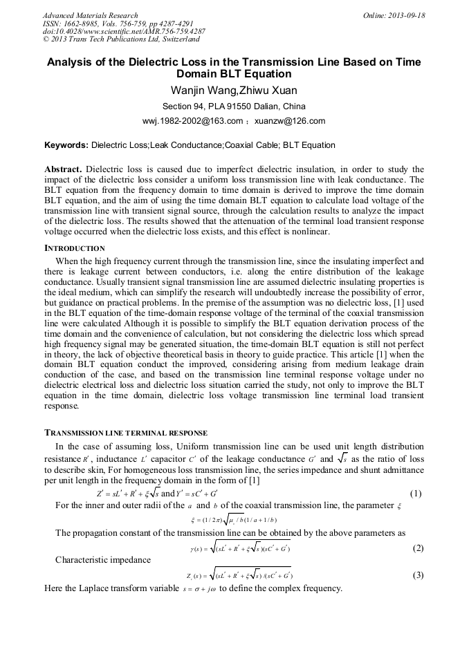Analysis of the Dielectric Loss in the Transmission Line Based on Time ...