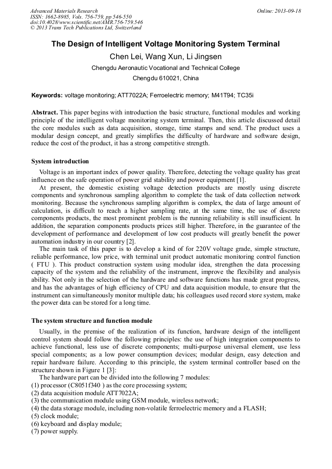 The Design of Intelligent Voltage Monitoring System Terminal ...