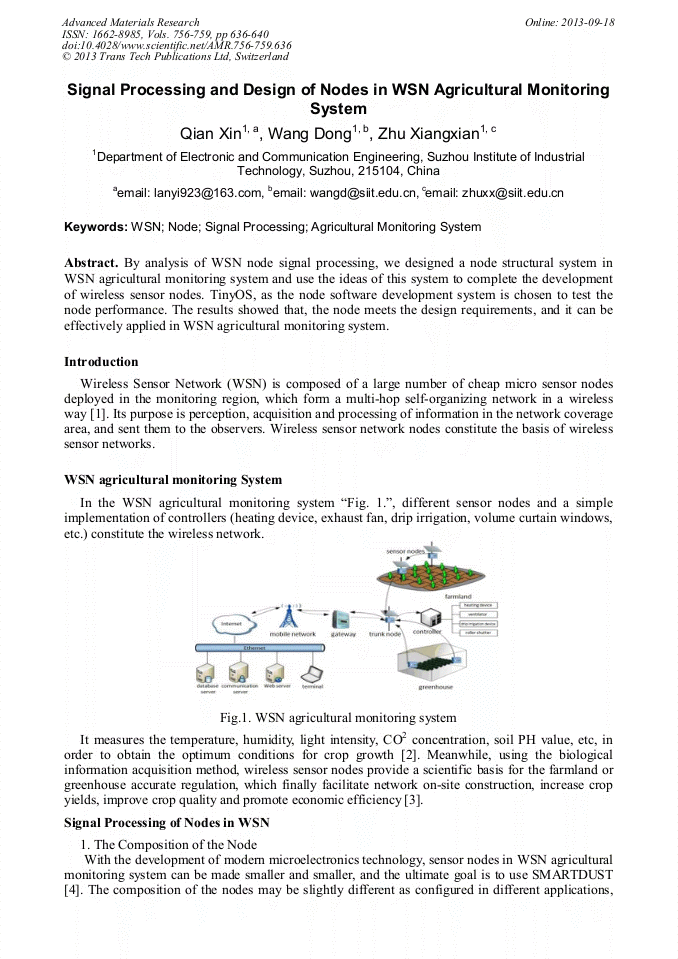 Signal Processing and Design of Nodes in WSN Agricultural Monitoring System | Scientific.Net