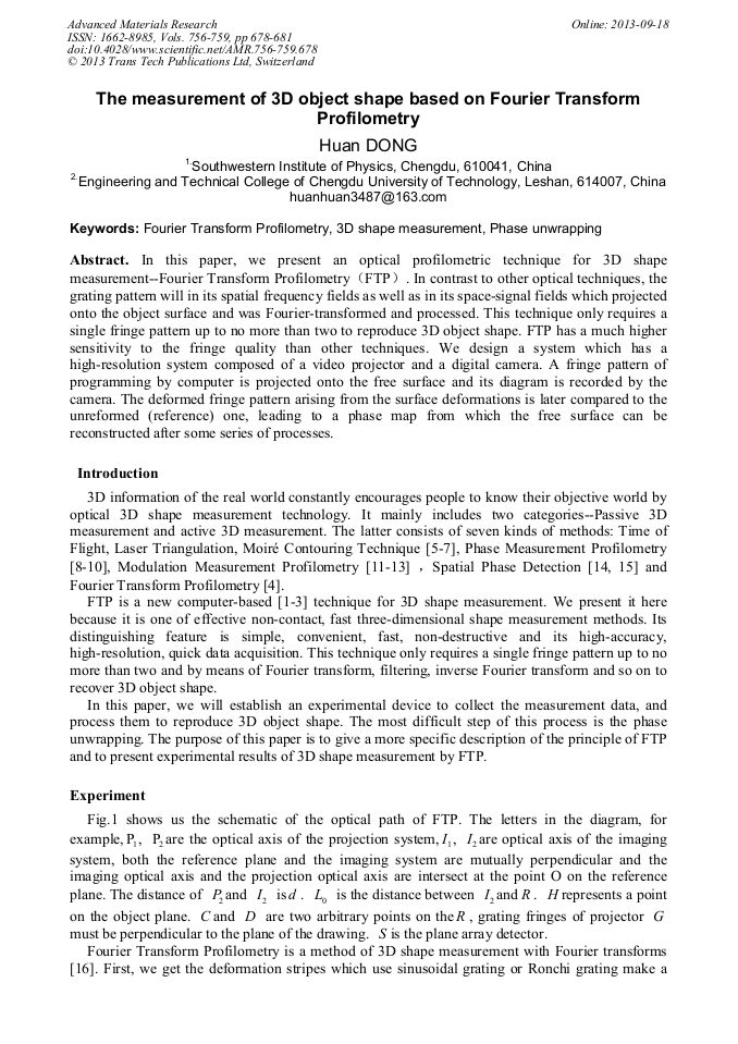 The Measurement of 3D Object Shape Based on Fourier Transform ...