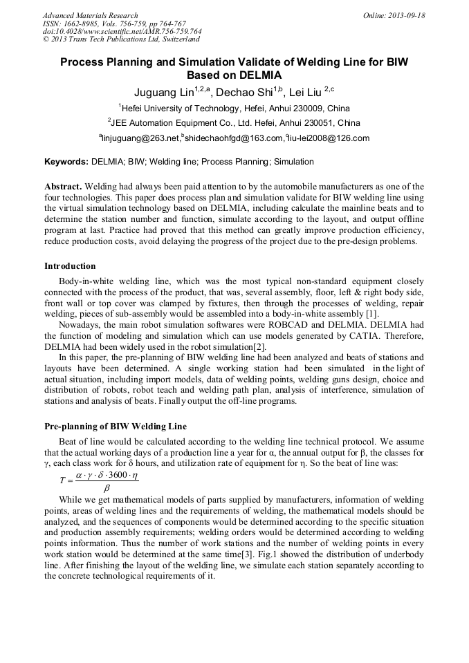 Process Planning and Simulation Validate of Welding Line for BIW Based ...