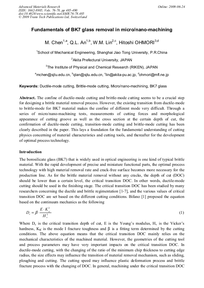 Fundamentals of BK7 Glass Removal in Micro/Nano-Machining | Scientific.Net