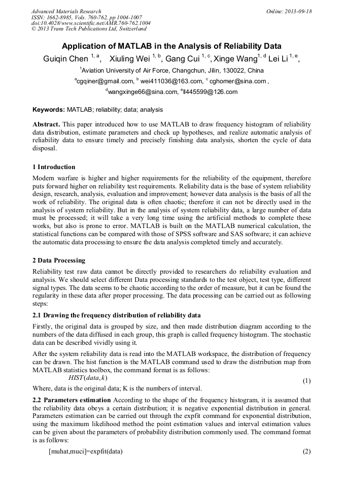 Application of MATLAB in the Analysis of Reliability Data | Scientific.Net