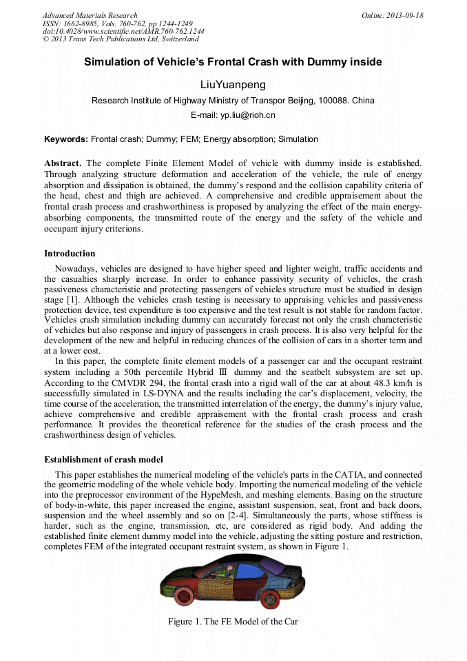 Simulation of Vehicles Frontal Crash with Dummy Inside | Scientific.Net