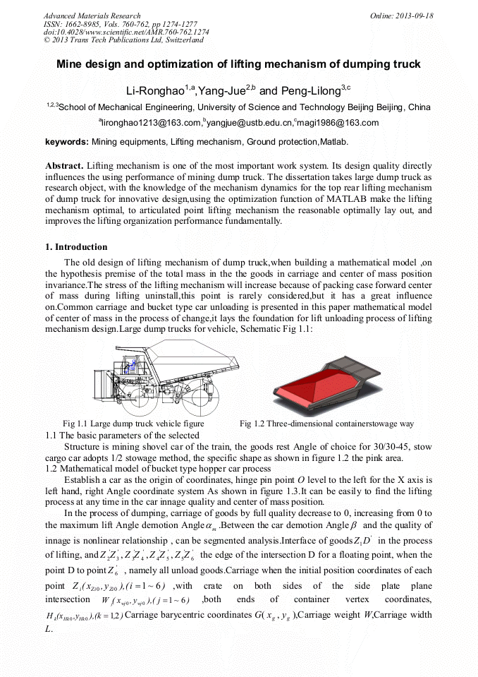 Mine Design and Optimization of Lifting Mechanism of Dumping Truck ...