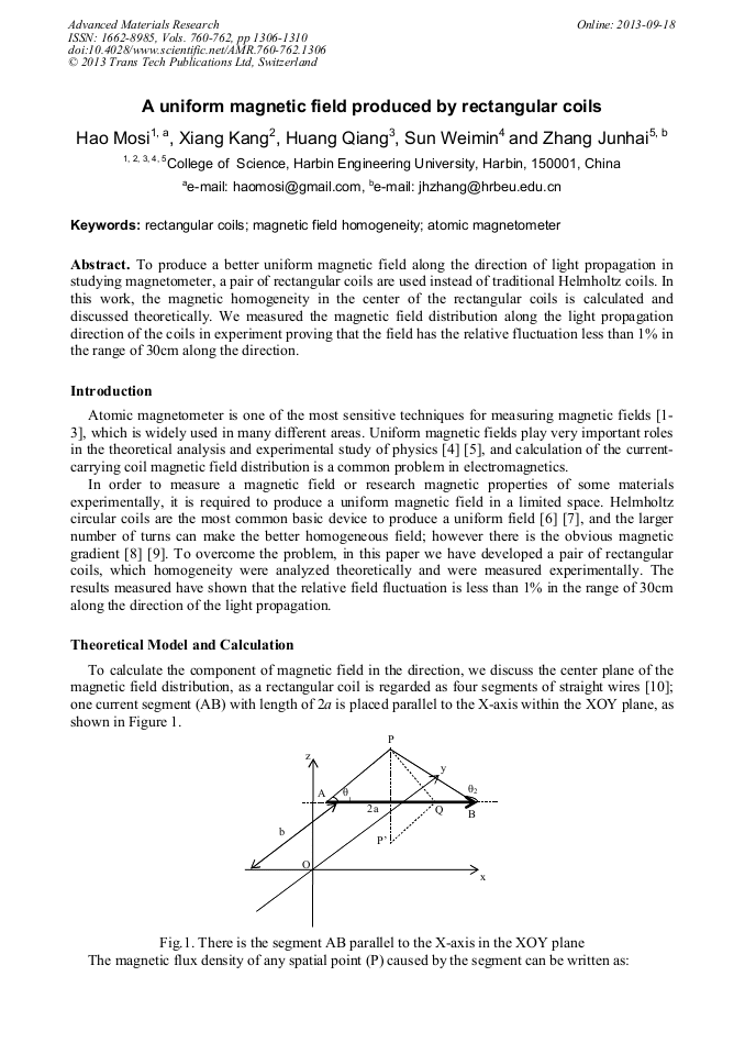 A Uniform Magnetic Field Produced by Rectangular Coils | Scientific.Net