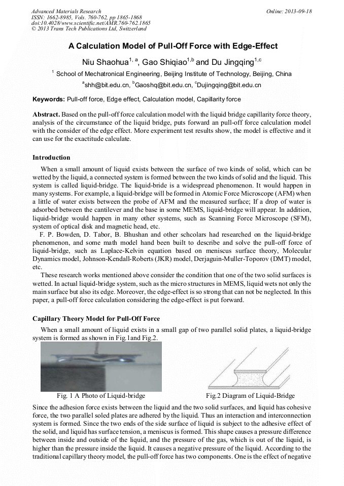 A Calculation Model of Pull-Off Force with Edge-Effect | Scientific.Net