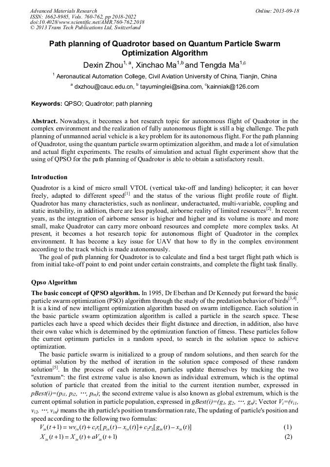 Path Planning Of Quadrotor Based On Quantum Particle Swarm Optimization Algorithm Scientificnet