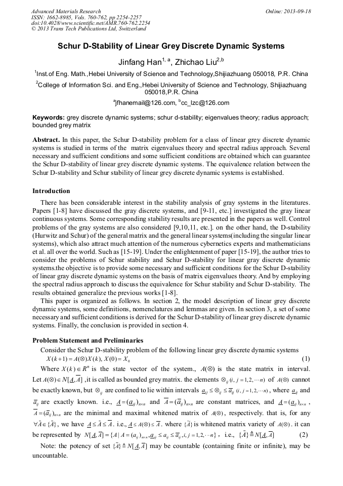 Schur D-Stability of Linear Grey Discrete Dynamic Systems | Scientific.Net