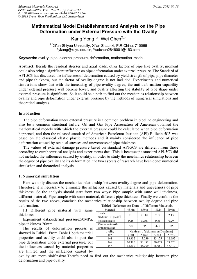 Mathematical Model Establishment and Analysis on the Pipe Deformation ...