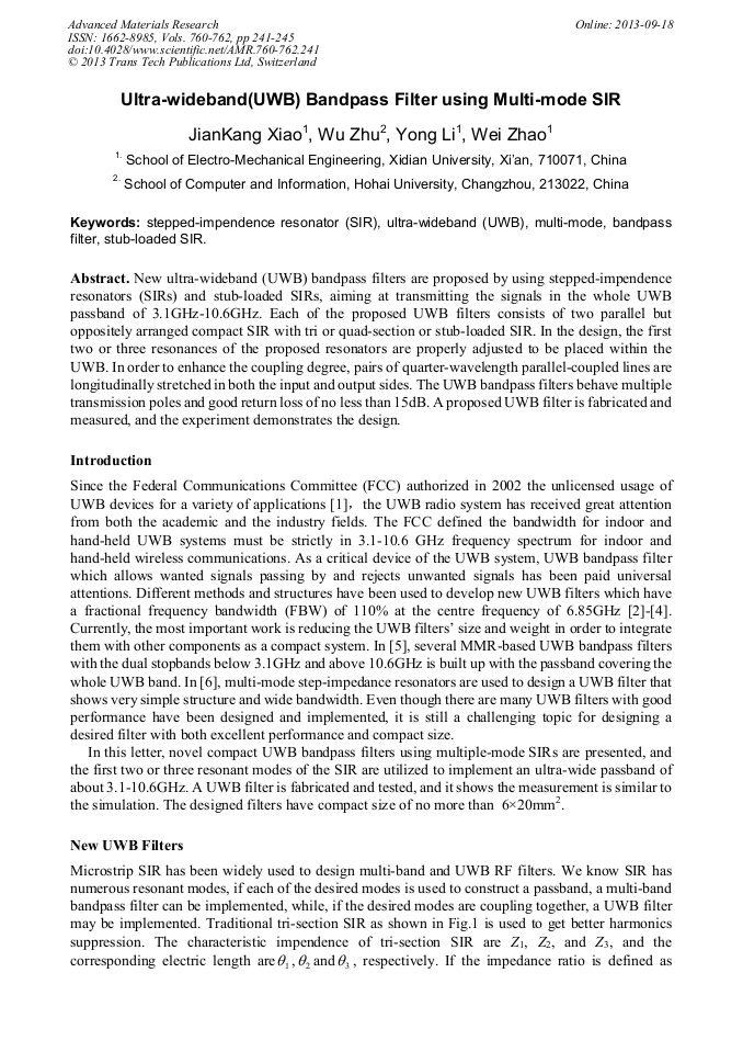 Ultra-Wideband (UWB) Bandpass Filter Using Multi-Mode SIR | Scientific.Net